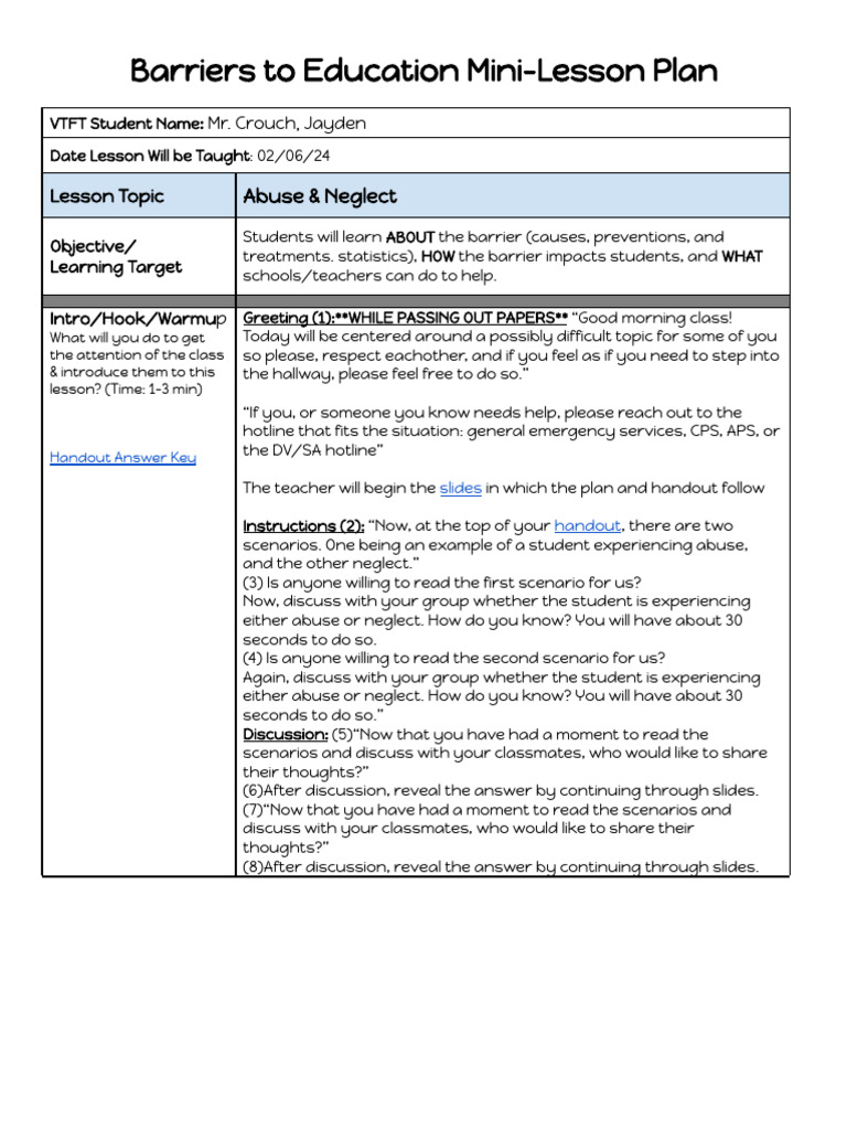 Abuse and Neglect Lesson Plan - MR | Download Free PDF | Teachers ...