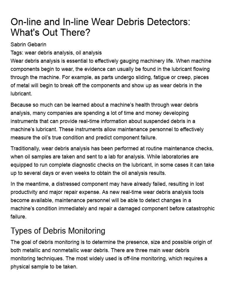 On-Line and In-Line Wear Debris Detectors - What's Out There | PDF ...