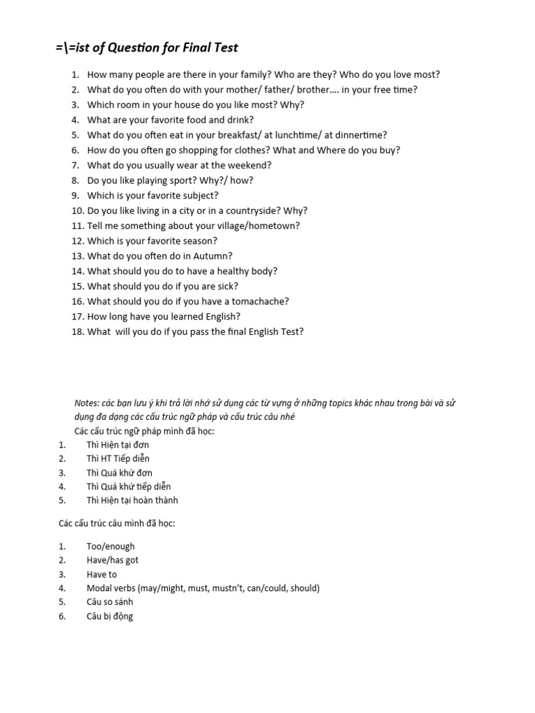 Final Test Questions & Grammar Guide | PDF | Career & Growth | Language ...