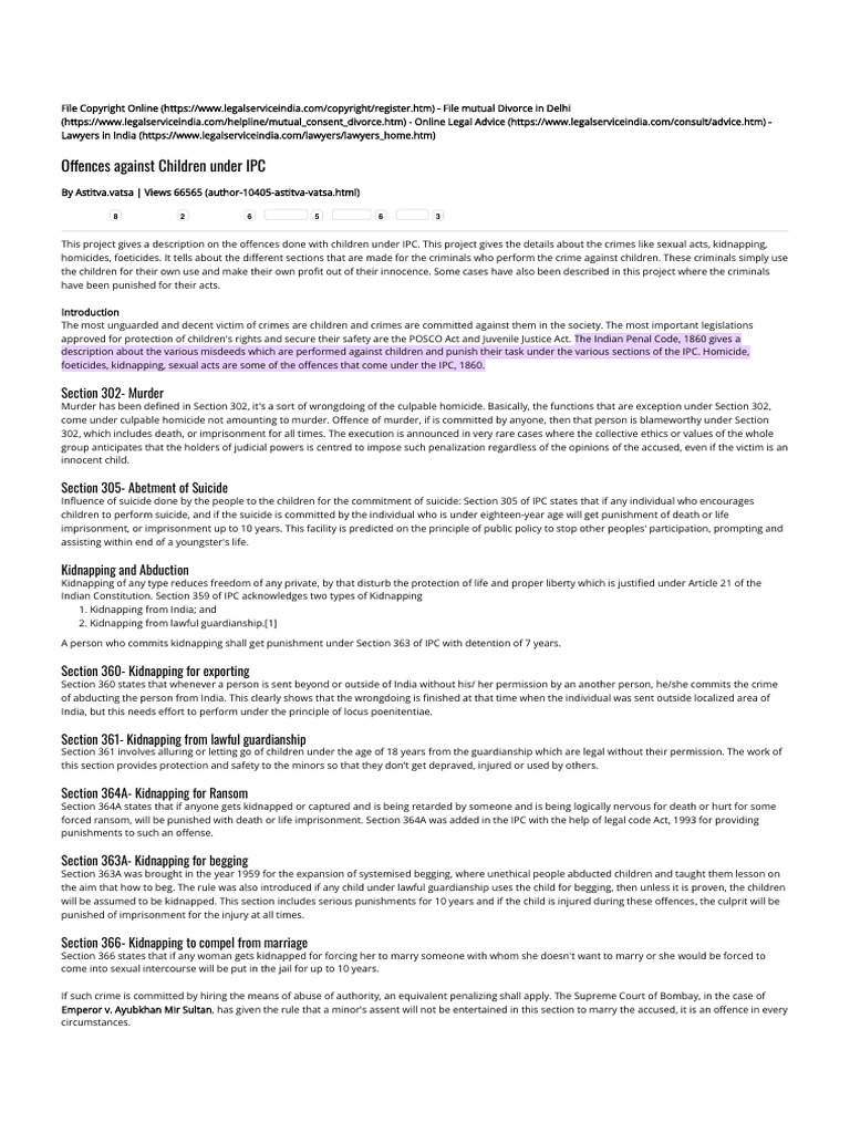 Offences Against Children Under IPC | PDF | Kidnapping | Crimes