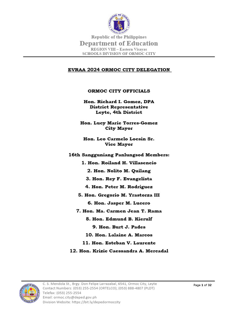 Updated Sdo Ormoc Evraa 2024 Delegation (April 18, 2024) | PDF