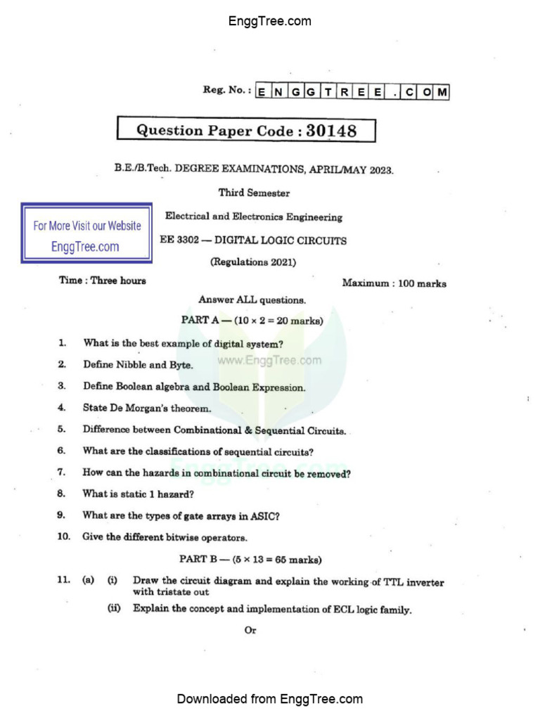 EE3302 Digital Logic Circuits Apr May 2023 Question Paper Download | PDF