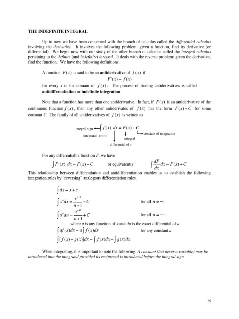 Indefinite Integral Pdf Integral Analysis