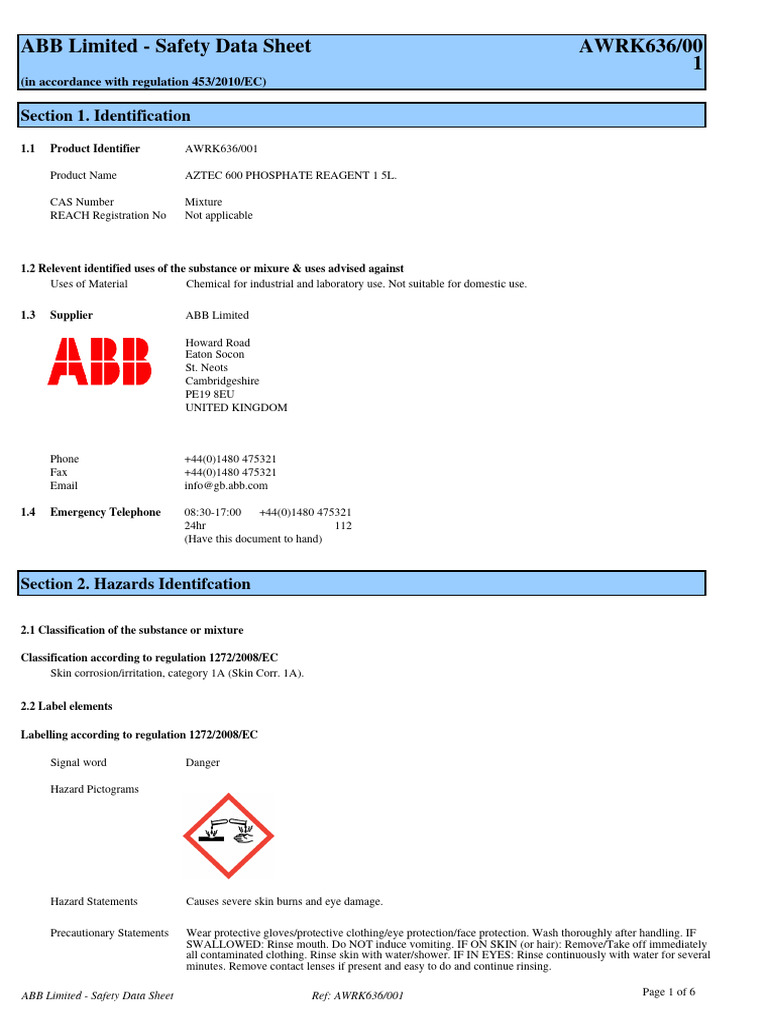 Abb MSDS Awrk636-001 | PDF | Firefighter | Personal Protective Equipment