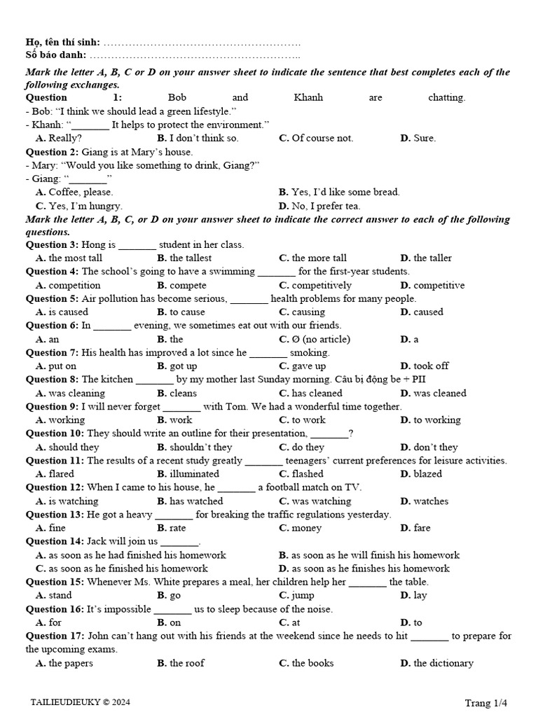 De Thi Minh Hoa Mon Tieng Anh Ky Thi Tot Nghiep THPT Nam 2024 | PDF | Sleep