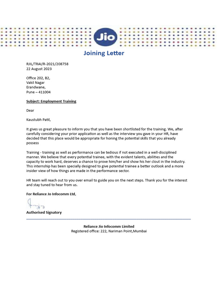 Reliance Jio Infocomm Limited Training Letter | PDF | Career & Growth ...