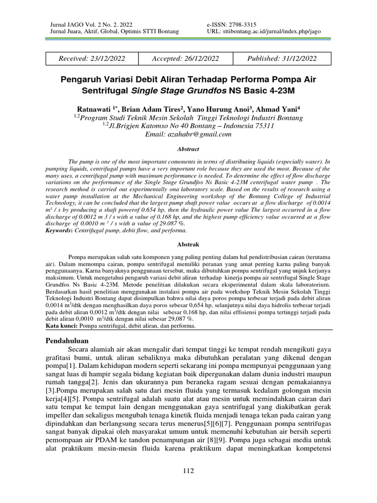 Pengaruh Variasi Debit Aliran Terhadap Performa Pompa Air Sentrifugal Single Stage Grundfos NS ...