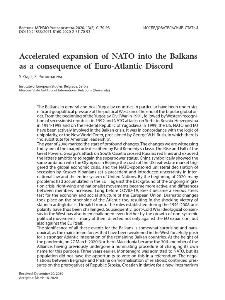 Accelerated Expansion of Nato Into The Balkans As A Consequence of Euro ...