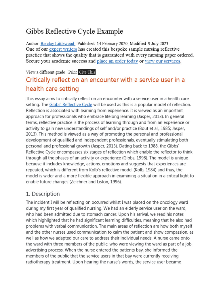 Sample 2 Gibbs | PDF | Nursing | Reflective Practice