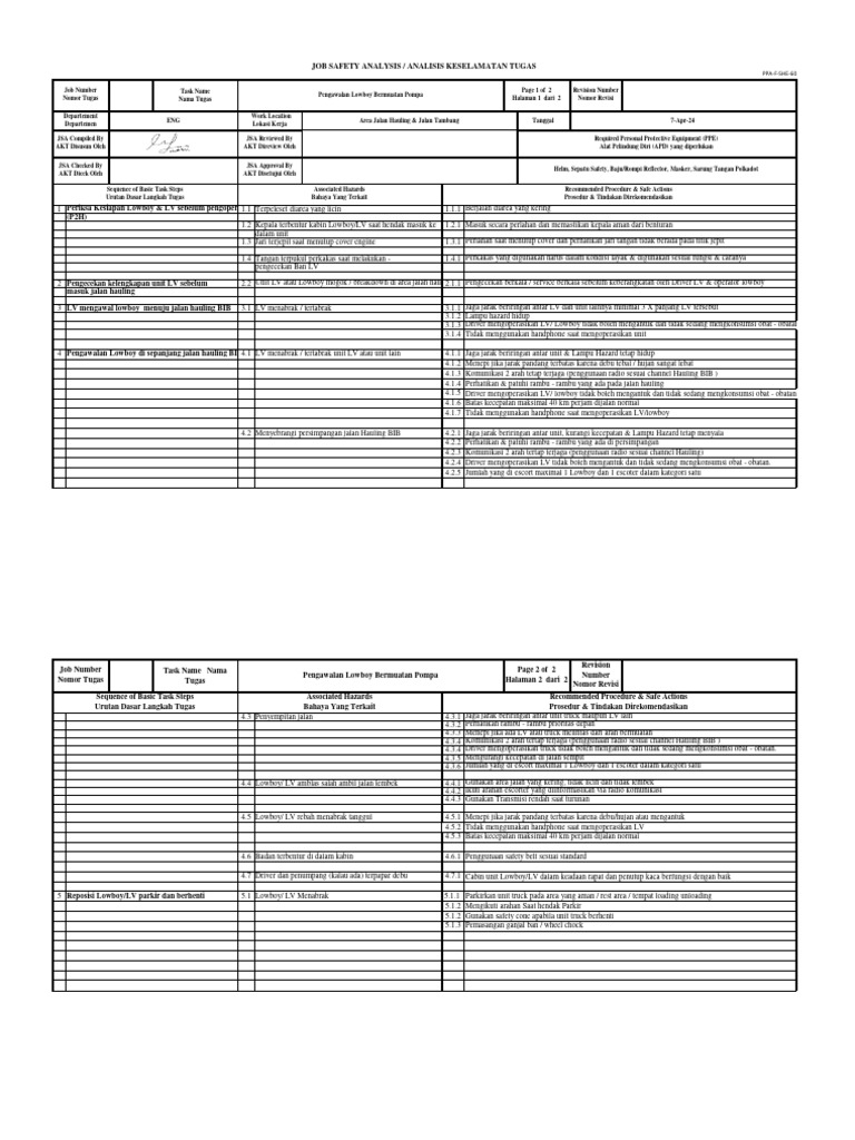 JSA - Pengawalan Lowboy | PDF