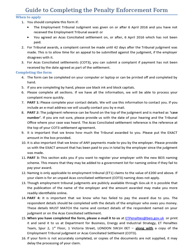 Penalty Enforcement Form Completion Guide | PDF | Judgment (Law) | Tribunal