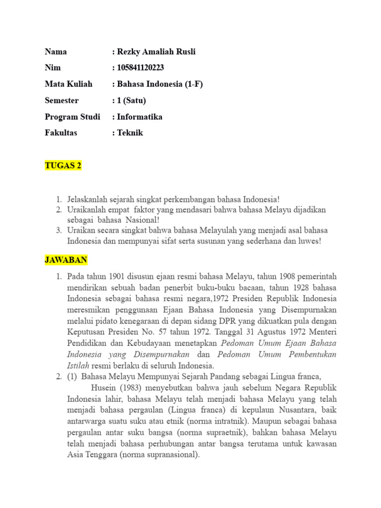 Tugas 2 Spada Bahasa Indonesia, Rezky Amaliah Rusli | PDF | Seni & Disiplin Bahasa