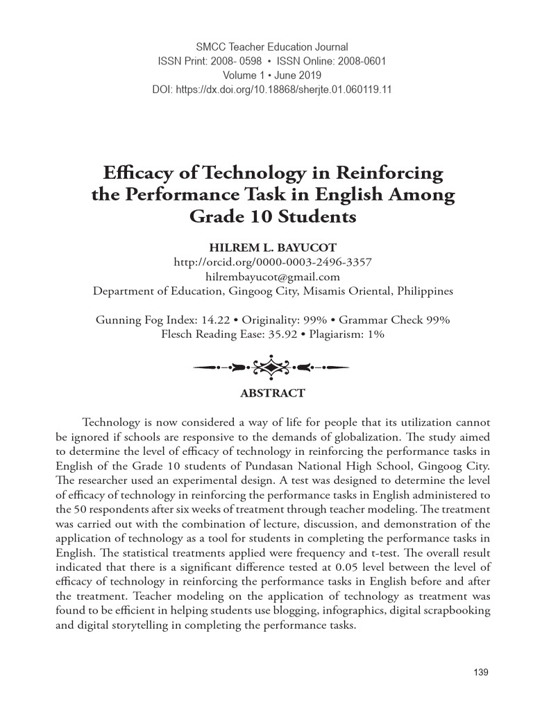 Efficacy of Technology in Reinforcing the Performance Task in ...