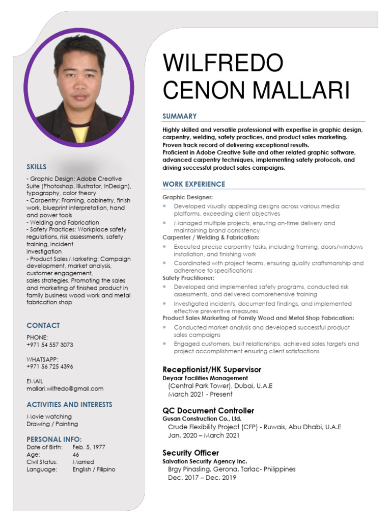 Latest Wilfredo Mallari CV | PDF | Carpentry | Graphic Design