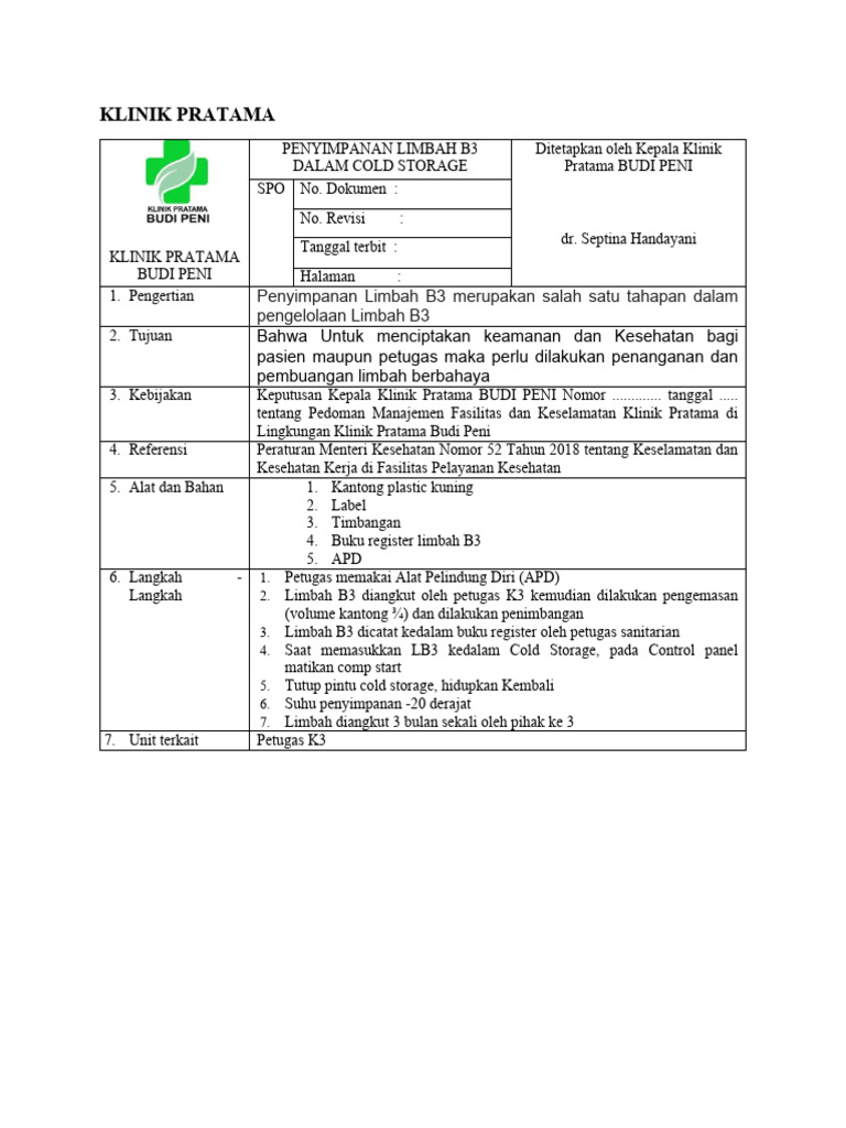 Sop Penyimpanan Limbah b3 Dalam Cold Storage | PDF