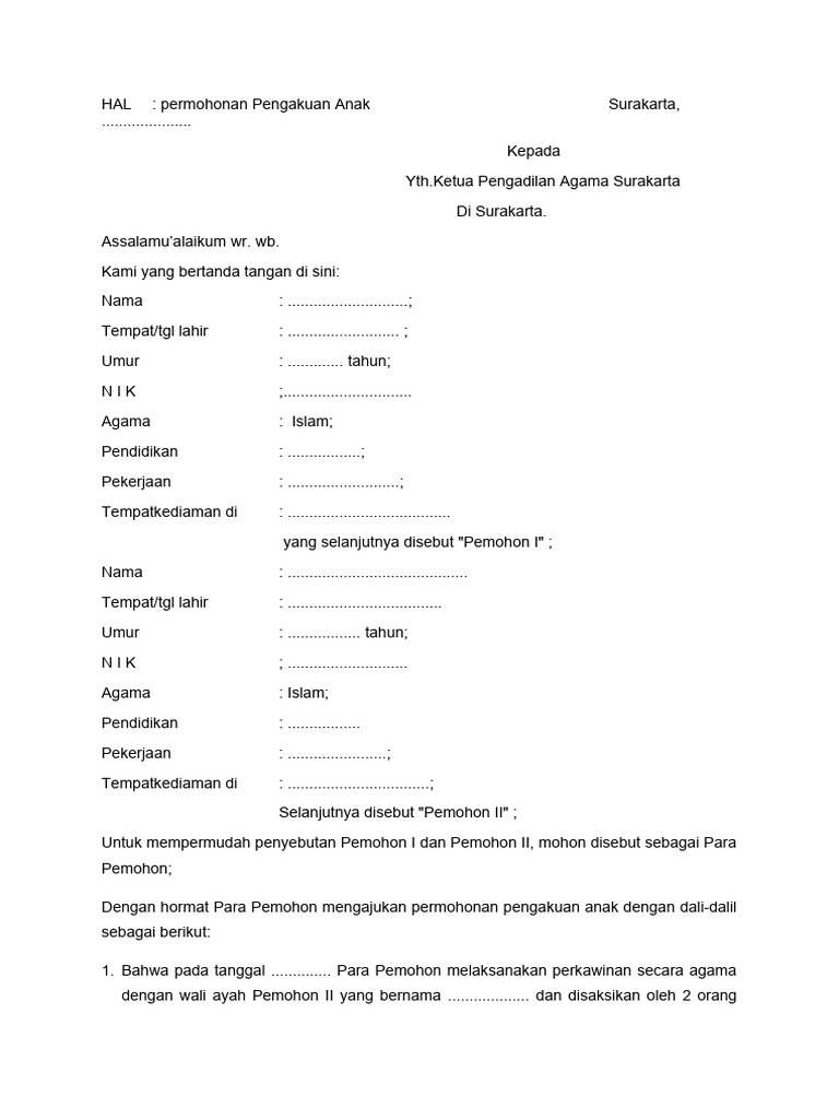 Contoh Surat Permohonan Pengakuan Anak | PDF