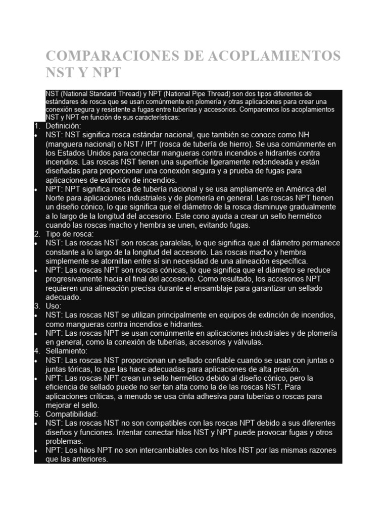 Comparaciones de Acoplamientos NST y NPT Roscas | PDF