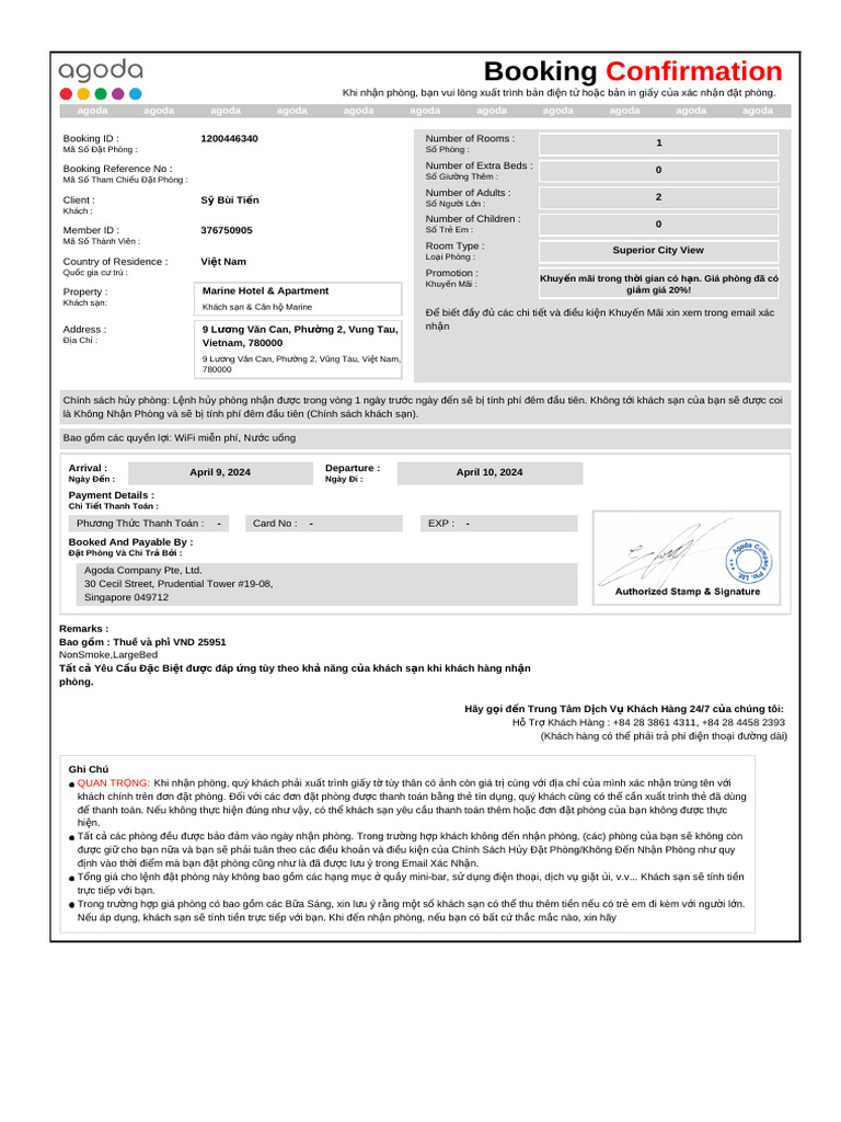 Confirmation For Booking ID # 1200446340 | PDF