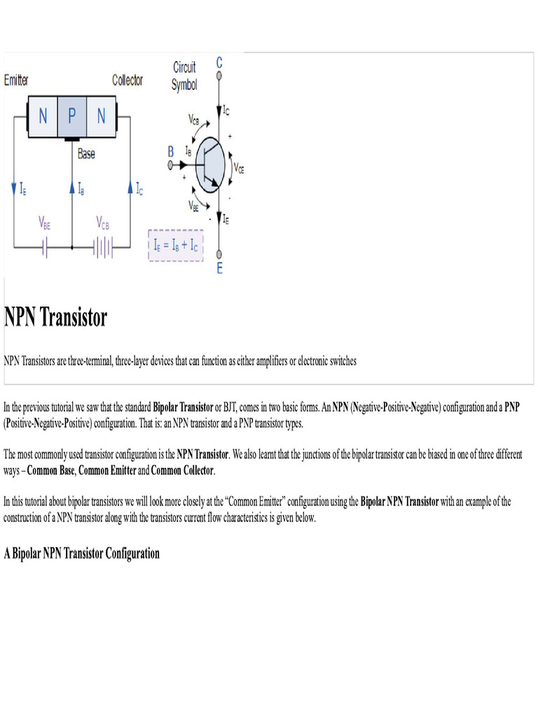 NPN Transistor Tutorial - The Bipolar NPN Transistor | PDF