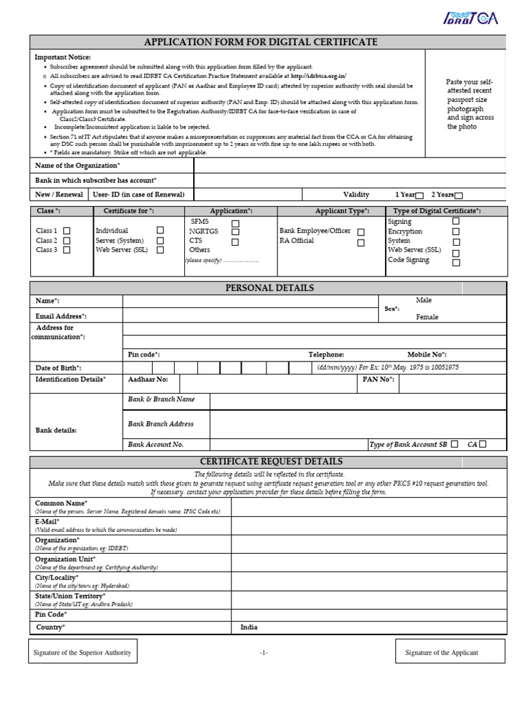 Idrbt Application Form | Download Free PDF | Public Key Certificate | Identity Document