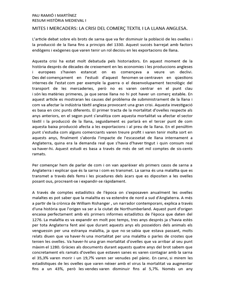 Resum Del Article, "Mites and Merchants: The Crisis of English Wool and ...