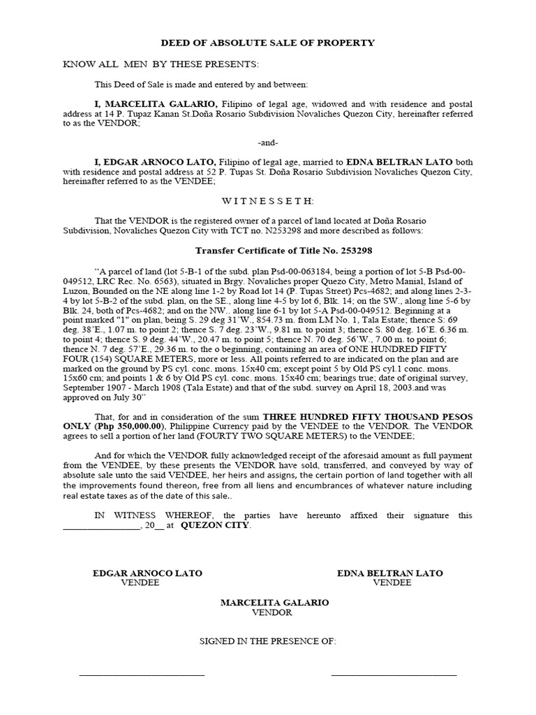 Deed of Absolute Sale of Property | Download Free PDF | Property Law | Natural Resources Law