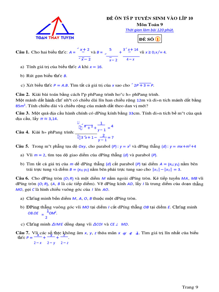 Bo de On Tap Tuyen Sinh Vao Lop 10 Mon Toan Le Trung Tuyen | PDF