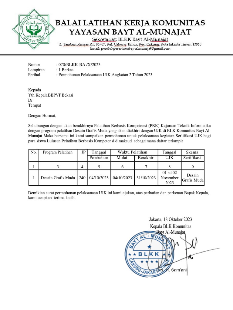 Usulan Permohonan Ujk BLKK Bayt Al-Munajat Angkatan Ii | PDF