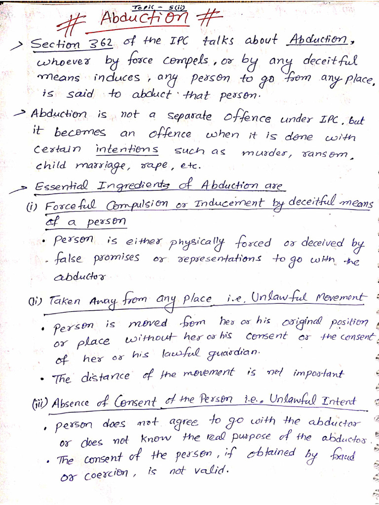 Abduction and Difference Between Kidnapping and Abduction (Criminal Law) Topic - 05 (Ii) | PDF