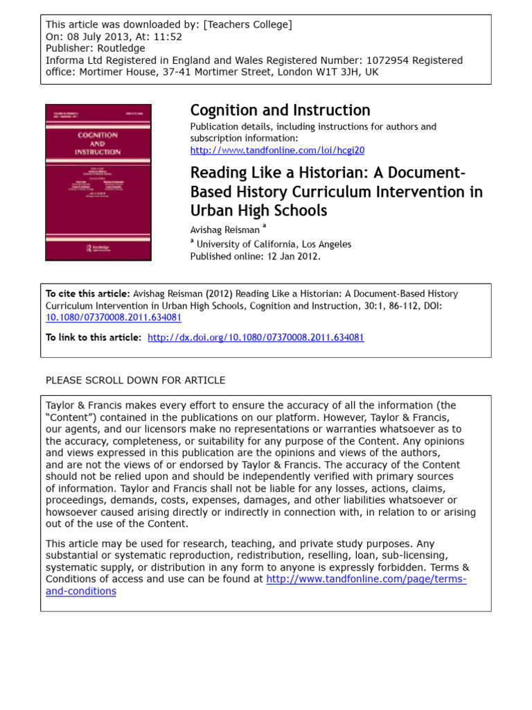 Reisman - Reading Like A Historian | PDF | Curriculum | Reading ...