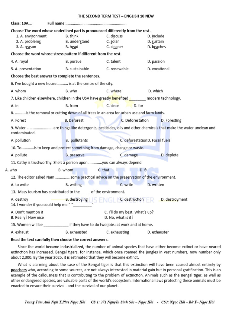 ĐỀ KTRA GK 10 BRIGHT | PDF | Hunting | Endangered Species