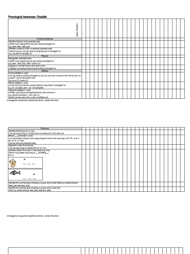 Kindergarten Phonological Awareness Checklist_rev | PDF | Word ...