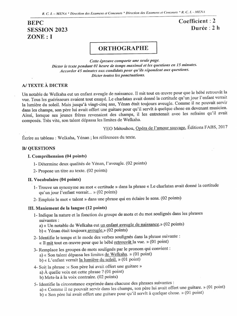 SUJET ET CORRIGE BEPC 2023 ORTHOGRAPHE Zone-1 COTE D'IVOIRE | PDF