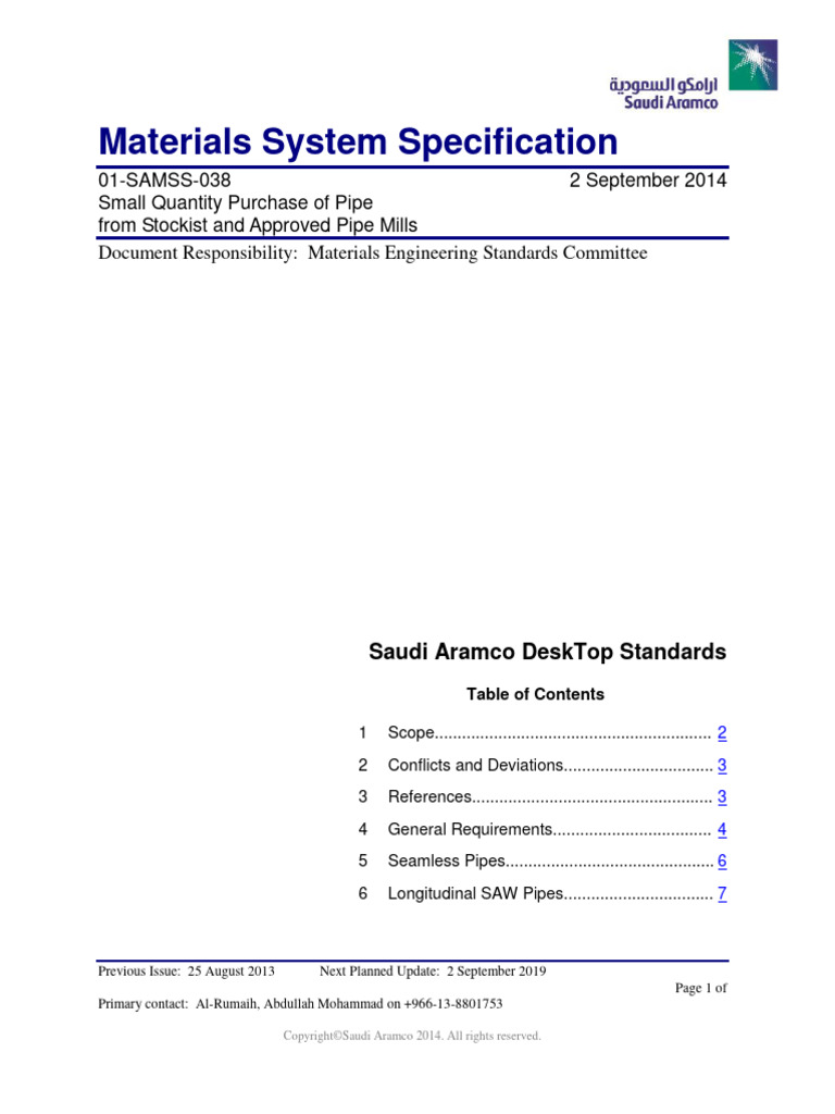 01-SAMSS-038 | PDF | Pipe (Fluid Conveyance) | Specification (Technical Standard)