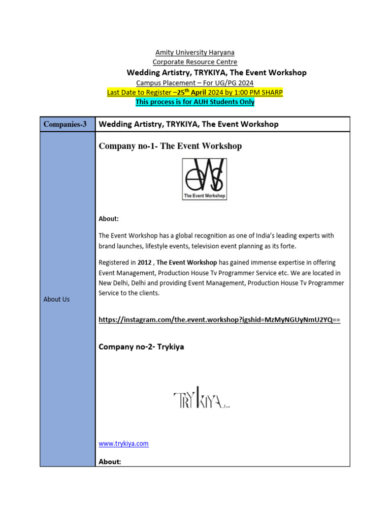 AUH CRC Job Notice - WEDDING ARTISTRY The Event Workshop TRYKIYA - 3 Companies-Batch 2024 | PDF ...