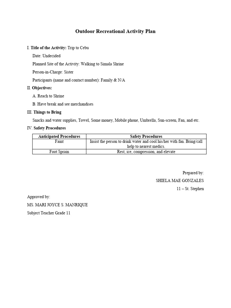Outdoor Recreational Activity Plan | PDF
