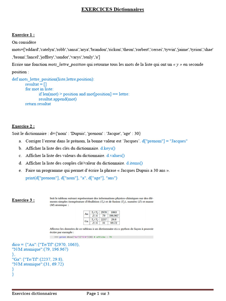 Exercices de Programmation avec Dictionnaires | PDF | Le Trône de fer