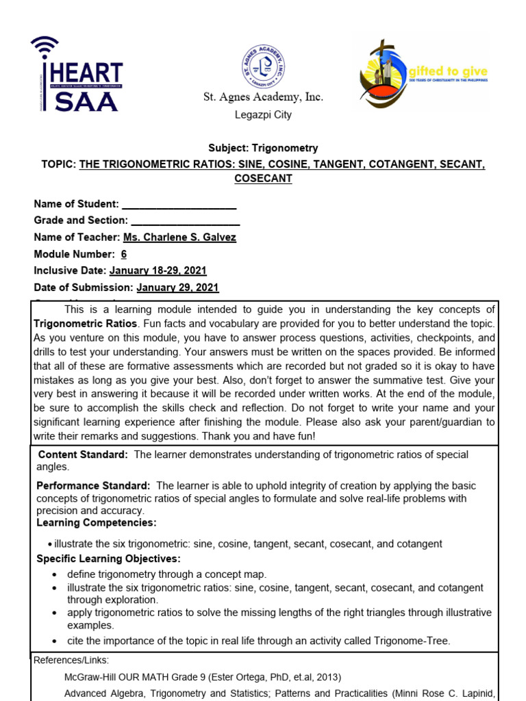 Trigonometric Ratios Learning Module | PDF | Trigonometric Functions ...