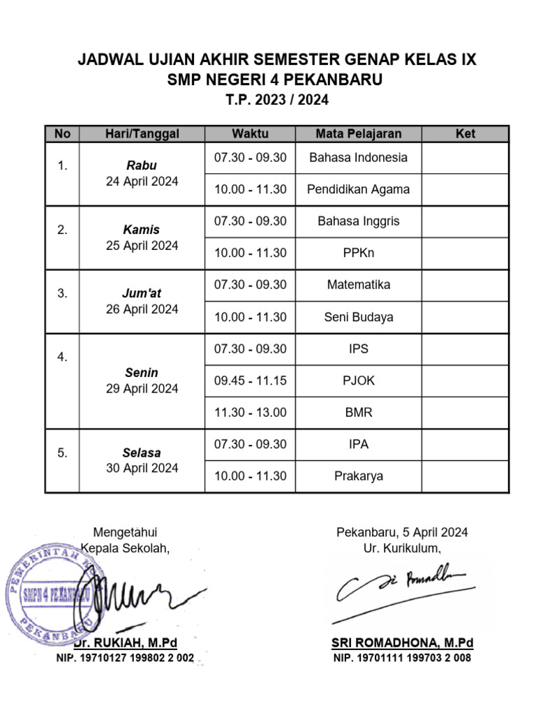 JADWAL PAS GENAP 2023 2024 KELAS IX Tanda Tangan | PDF