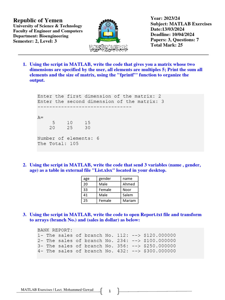 Mat Lab 2024 | PDF | Matrix (Mathematics) | Matlab