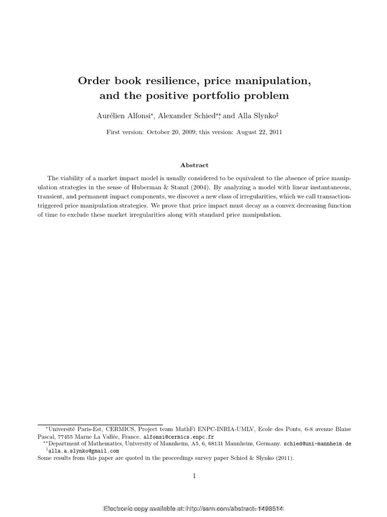 SSRN-id1498514-Order Book Resilience, Price Manipulation, and The ...