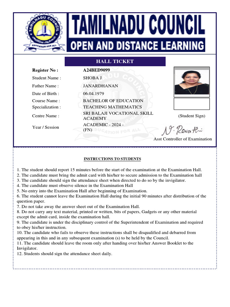 B.Ed Exam Hall Ticket Instructions | PDF