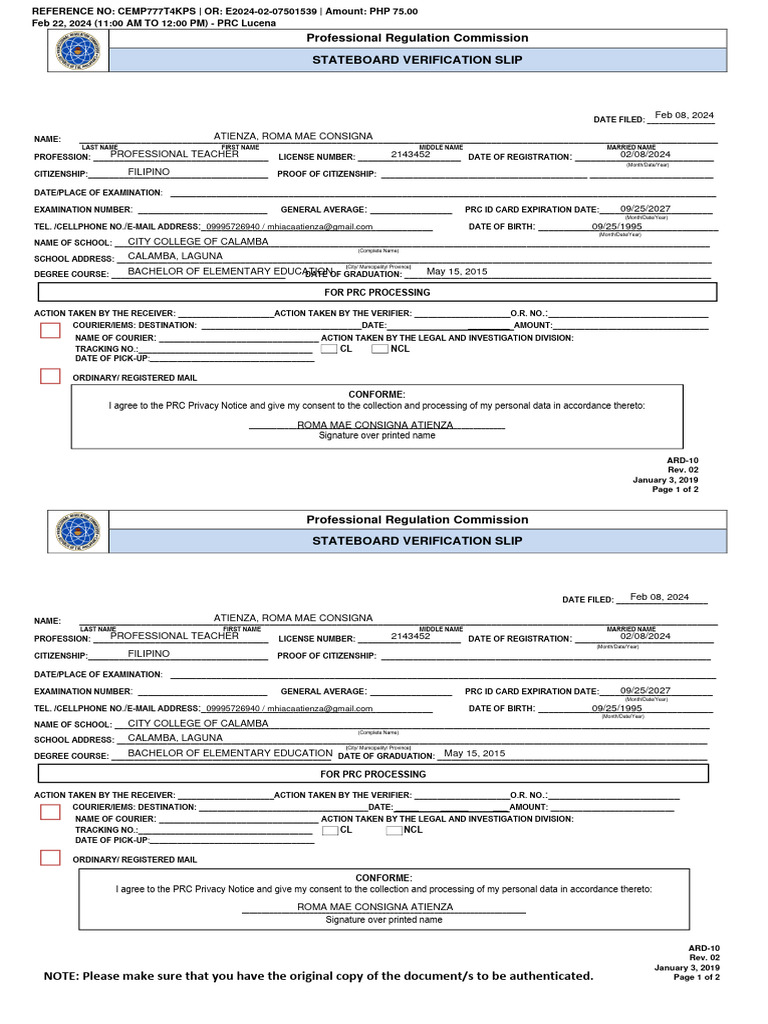 Professional Regulation Commission Stateboard Verification Slip | PDF ...