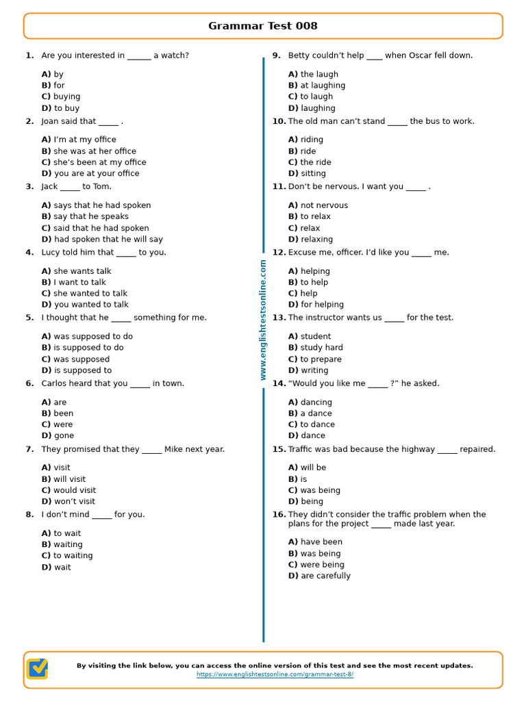 Grammar Test 008: Multiple Choice Quiz | PDF