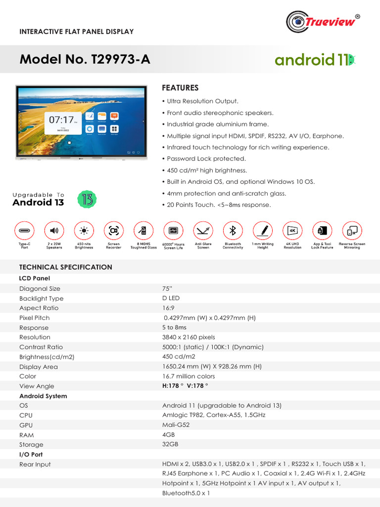 75" Interactive Flat Panel Display Specs | PDF | Electronics ...