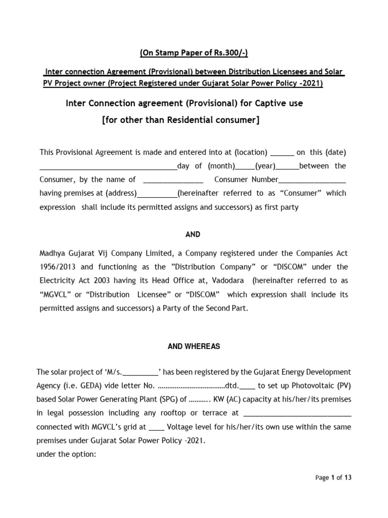 A1.Provisional Agreement For Captive Use For Project Registered Under ... A1.Provisional Agreement For Captive Use For Project Registered Under ...