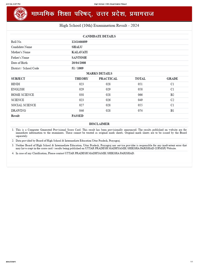 2024 UP 10th Exam Results - Shalu | PDF | Student Assessment And Evaluation