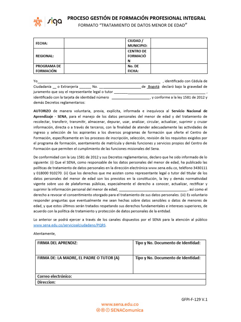 GFPI-F-129 - Formato - TRATAMIENTO - DE - DATOS - MENOR - DE - EDAD 1 | PDF | Documento de ...