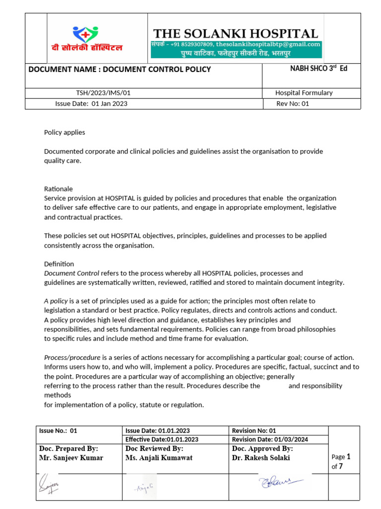 Hospital Document Control Policy | PDF | Policy | Health Care