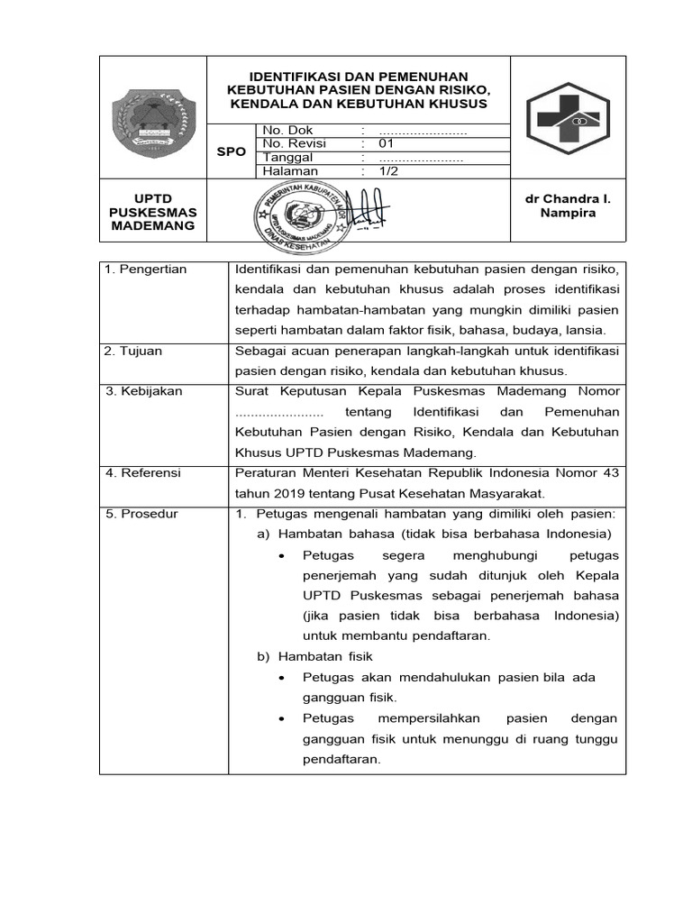 Sop Identifikasi Dan Pemenuhan Kebutuhan Pasien | PDF